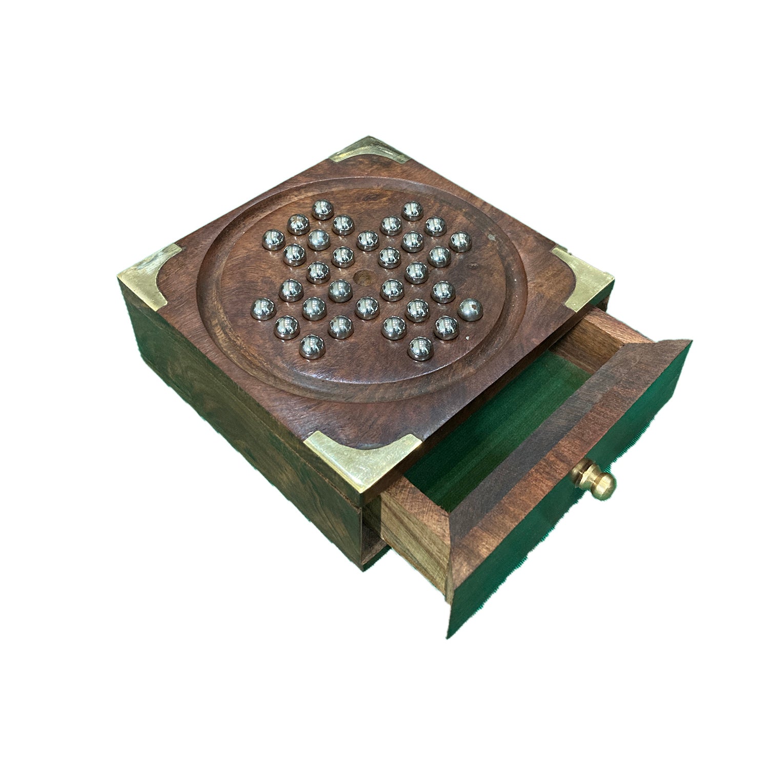 Wooden Solitaire Set with Steel Balls and Brass Corners